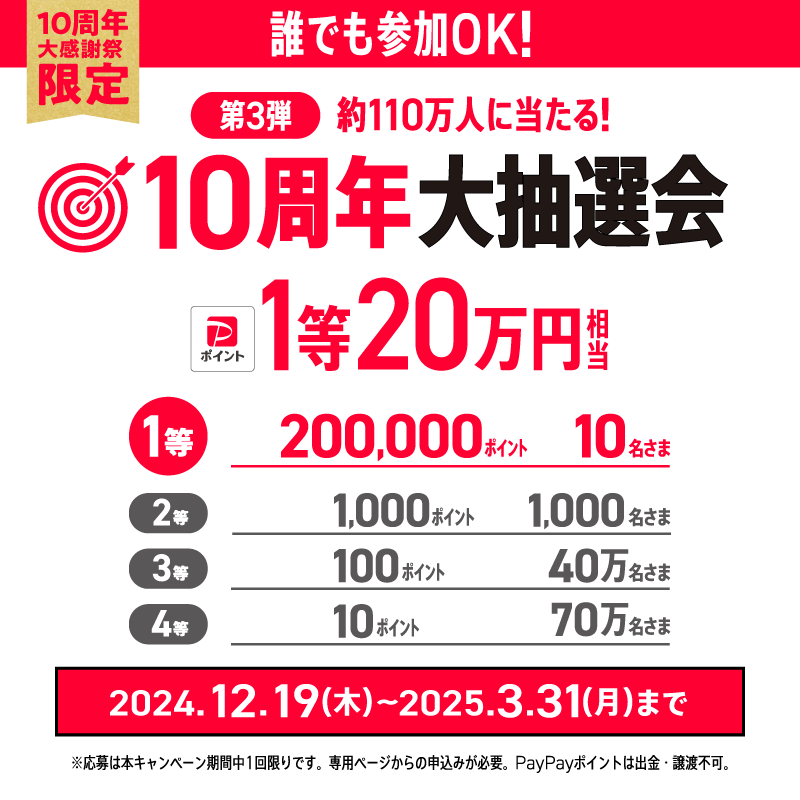 PayPayギフトカード10pt～200,000ptが抽選で合計1,101,010名に当たる。 | 激安らぼ
